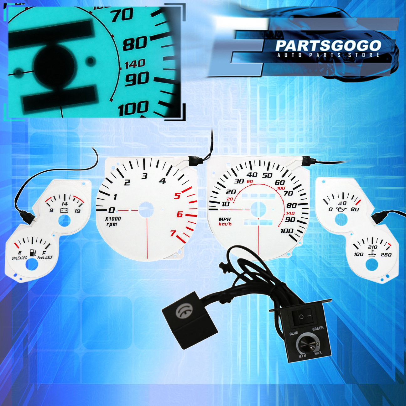 Purchase 1993-1996 Jeep Grand Cherokee JDM White Face Indiglo Reverse Glow Gauges in La Puente ...